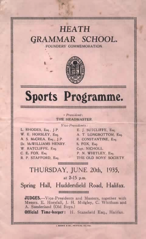 Heath Old Boys Association Sports memories: 1935 Sports programme