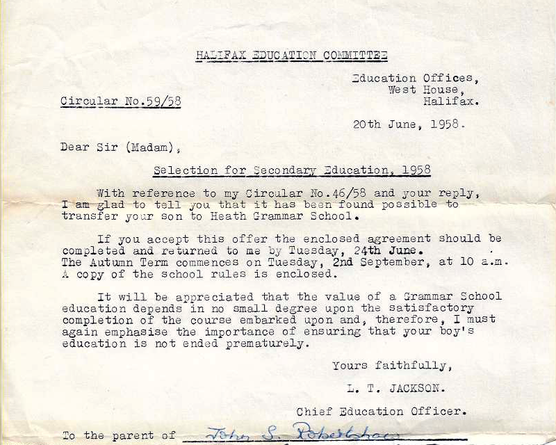 Heath Old Boys Association Memories: John Robertshaw